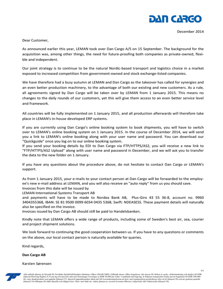 December 2014 Dear Customer As Announced Earlier