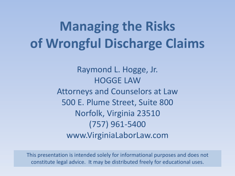 Managing The Risks Of Wrongful Discharge Claims Raymond L