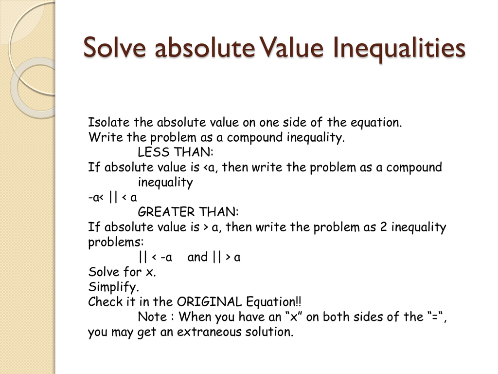 Solve Absolute Value Inequalities