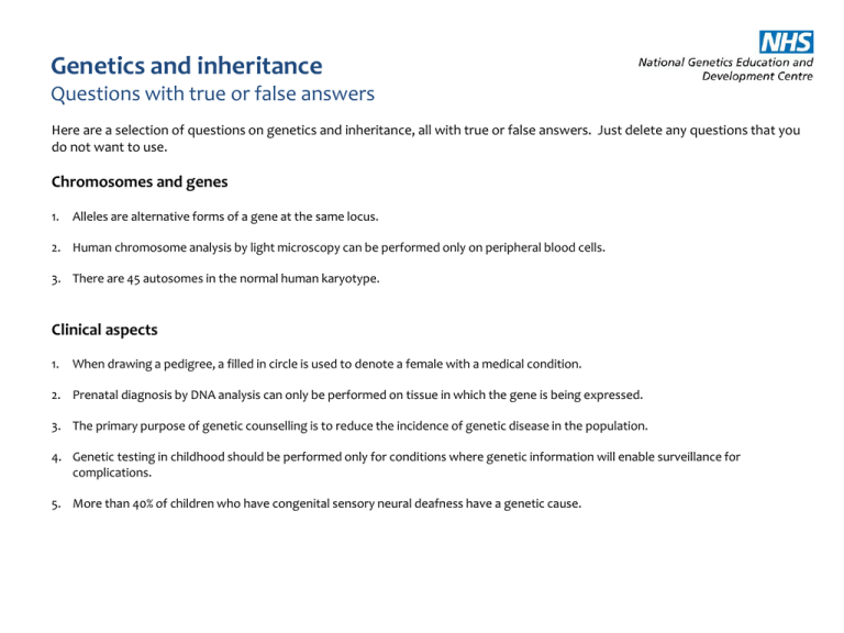Genetics And Inheritance Questions With True Or False Answers Genetics And Inheritance Questions With True Or False Answers