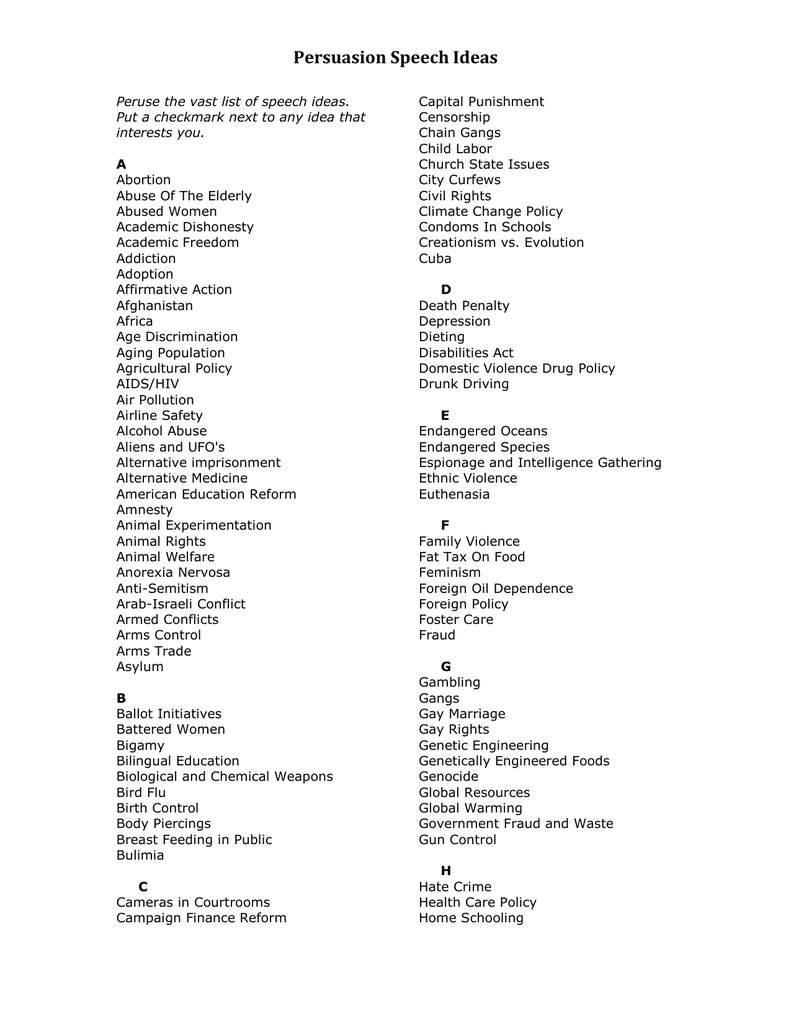 Persuasive Speech Ideas