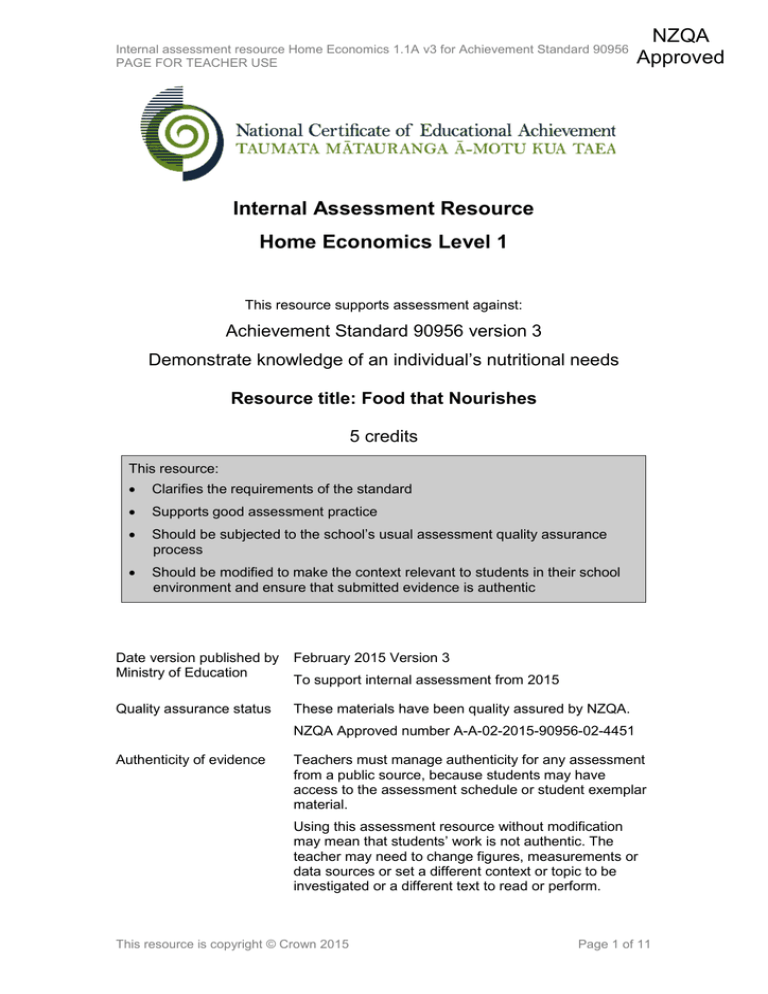 Level 1 Home Economics Internal Assessment Level 1 Home Economics Internal Assessment