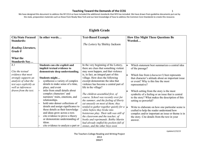 Eighth Grade The Reading Writing Project