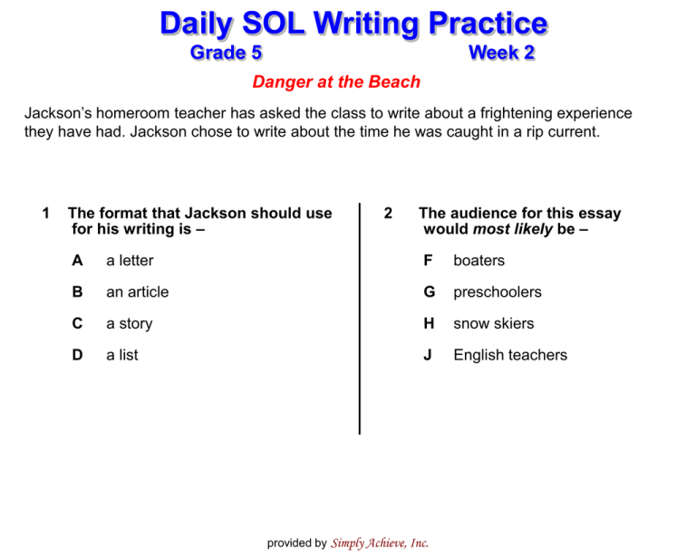 Grade 5 Week 2 Daily SOL Writing Practice