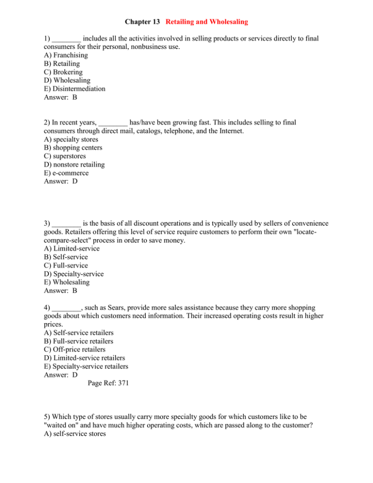 Chapter 13 Retailing And Wholesaling 1 Includes All The