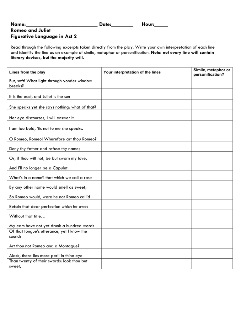 Act II Figurative Language Activity Act II Figurative Language Activity