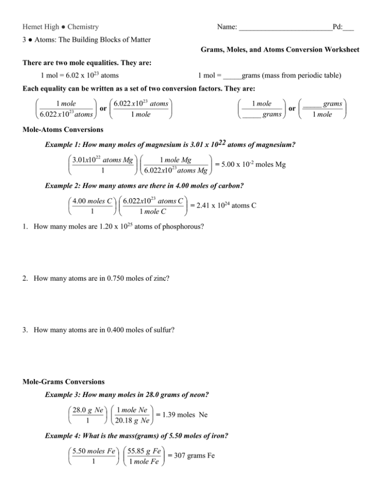Mole Conversions Worksheet Mole Conversions Worksheet