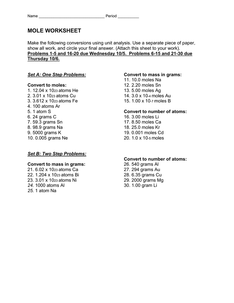 MOLE WORKSHEET MOLE WORKSHEET