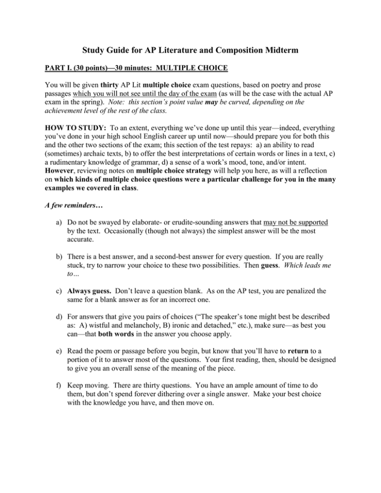Study Guide For AP Literature And Composition Midterm