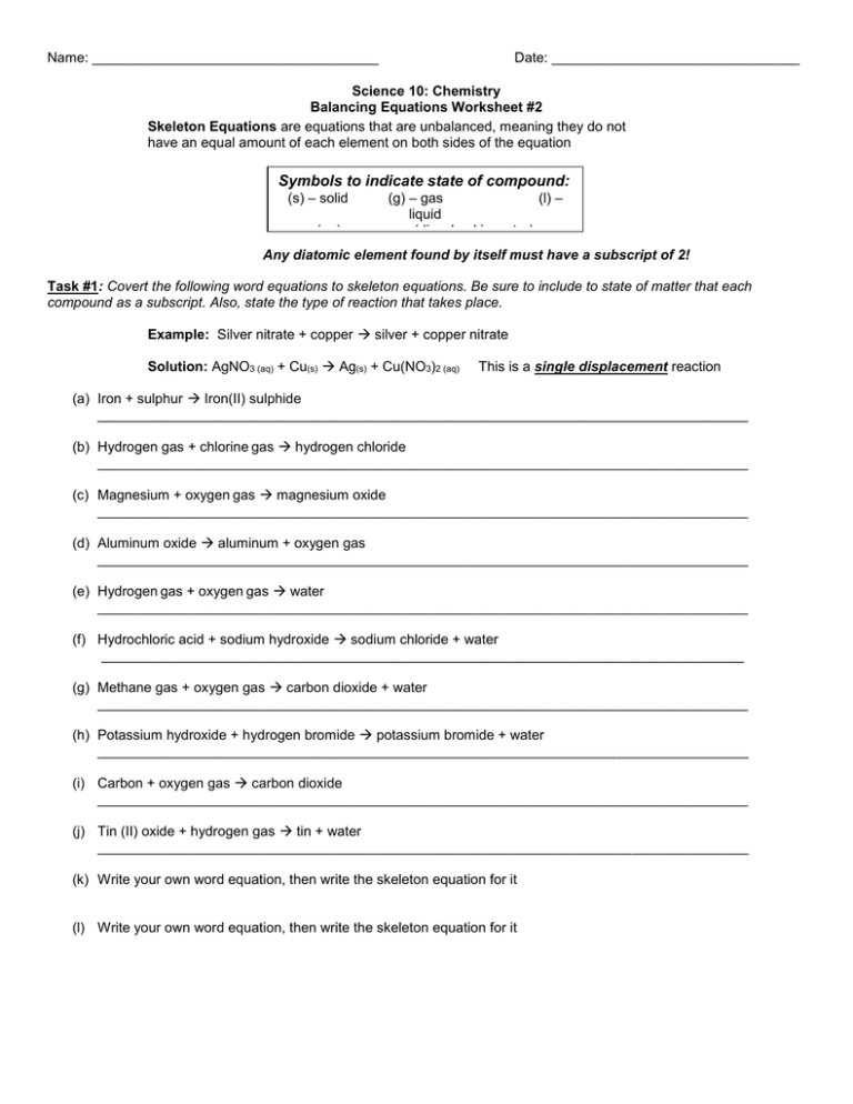 Balancing Equations Word Equations To