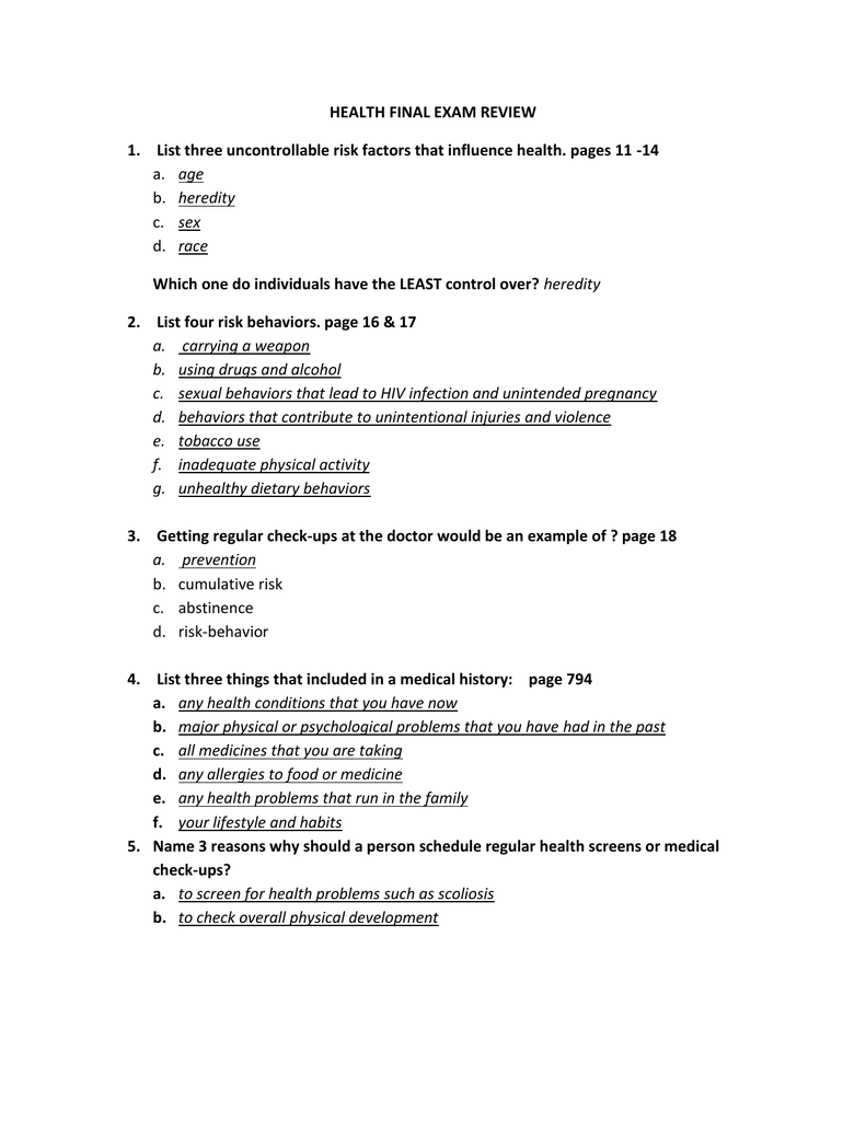 HEALTH FINAL EXAM REVIEW HEALTH FINAL EXAM REVIEW