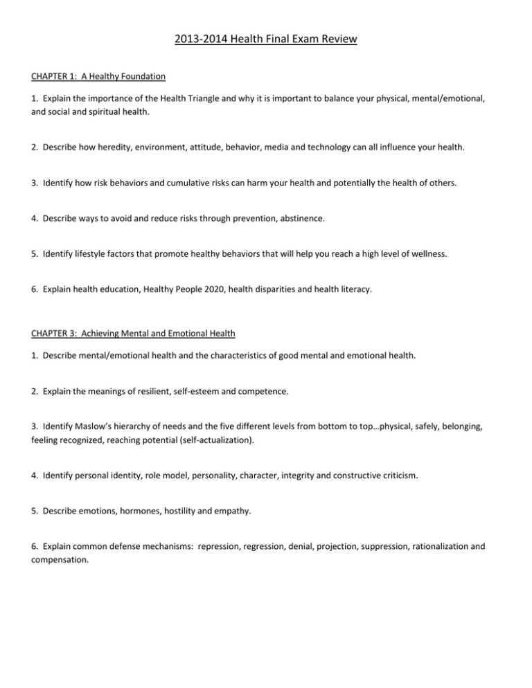 Health Final Exam Study Guide Health Final Exam Study Guide