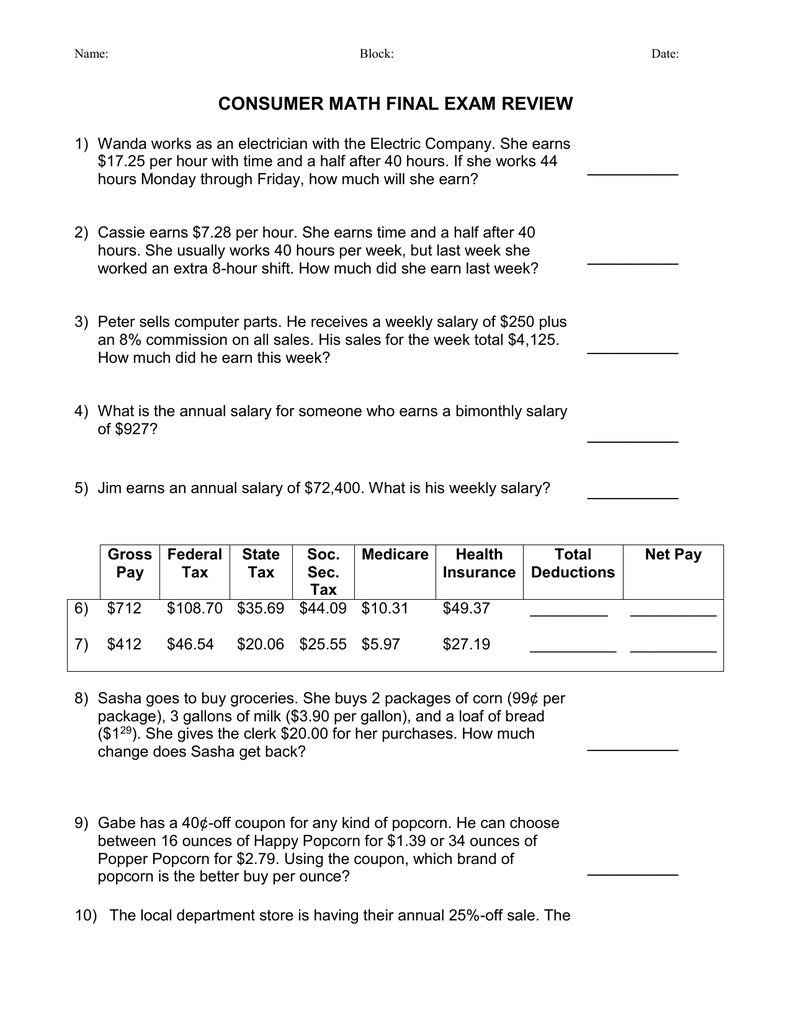 Consumer Math Final Exam Review Consumer Math Final Exam Review