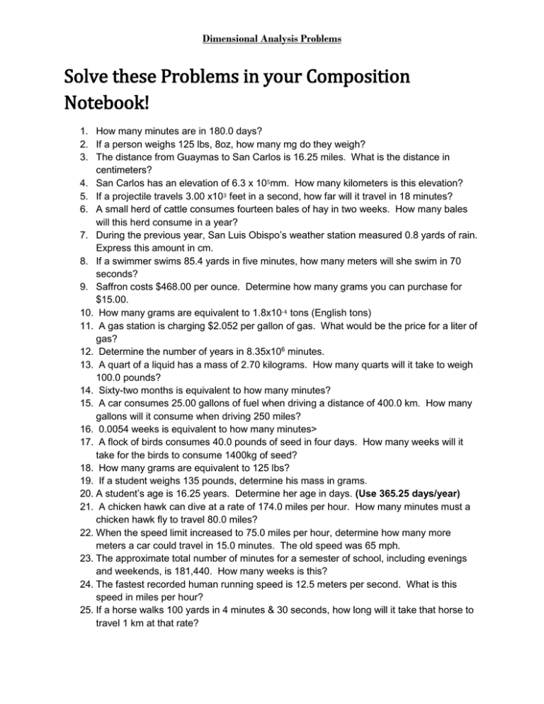 Dimensional Analysis Problems