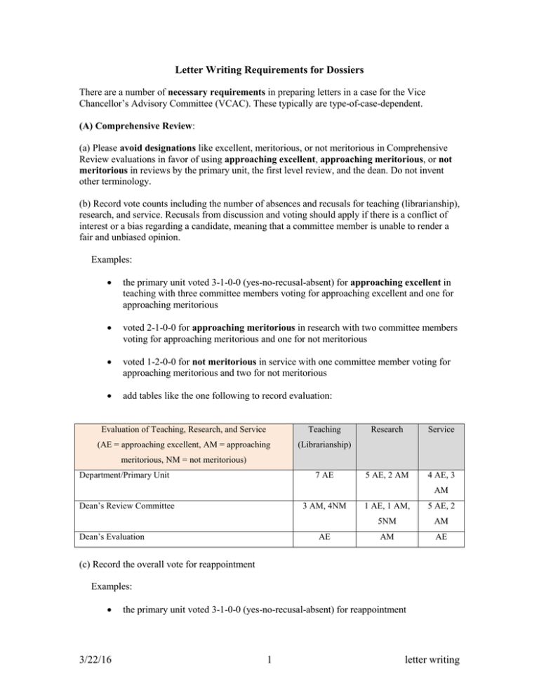 Letter Writing Requirements For Dossiers