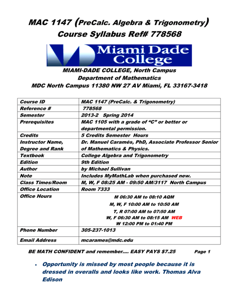 MAC 1147 Precalculus Syllabus - Miami Dade College