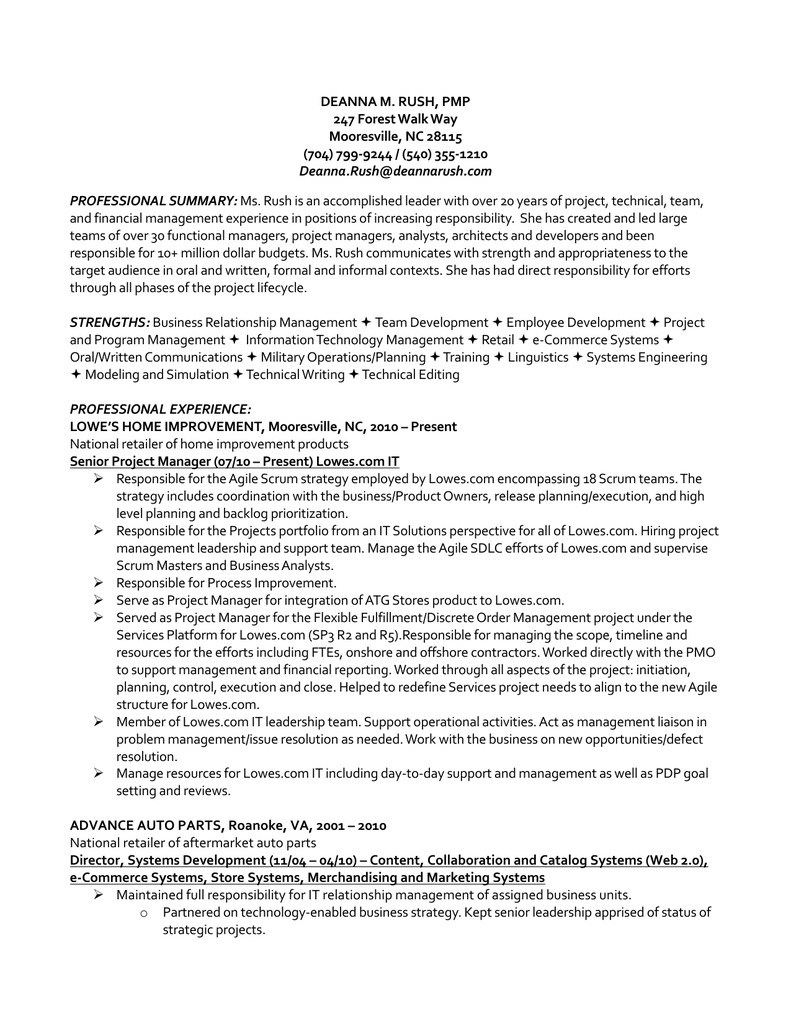 Professional Summary For Project Manager Mryn Ism