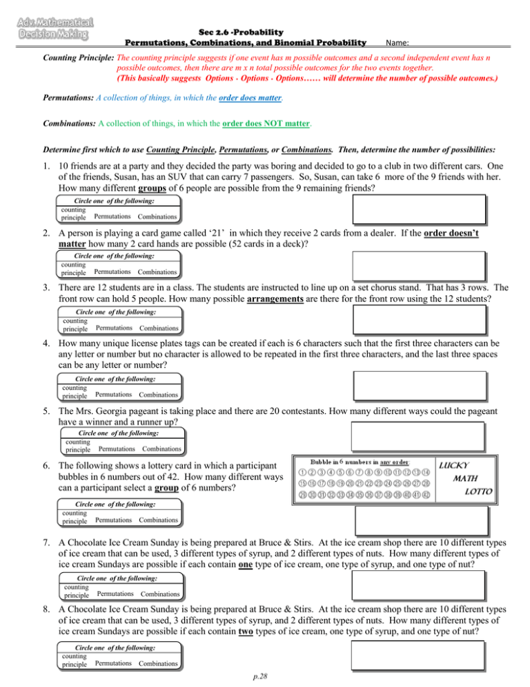 Probability Worksheet: Permutations, Combinations, Binomial