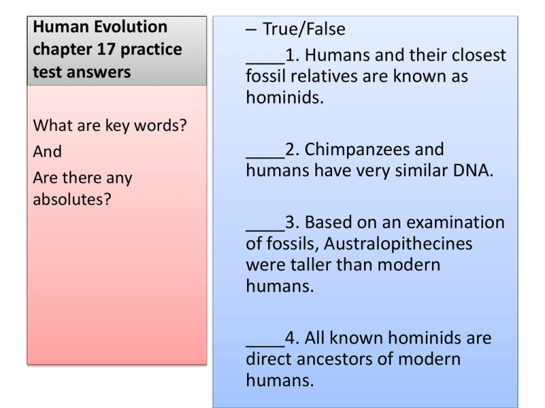 Human Evolution Chapter 17 Practice Test Answers Human Evolution Chapter 17 Practice Test Answers