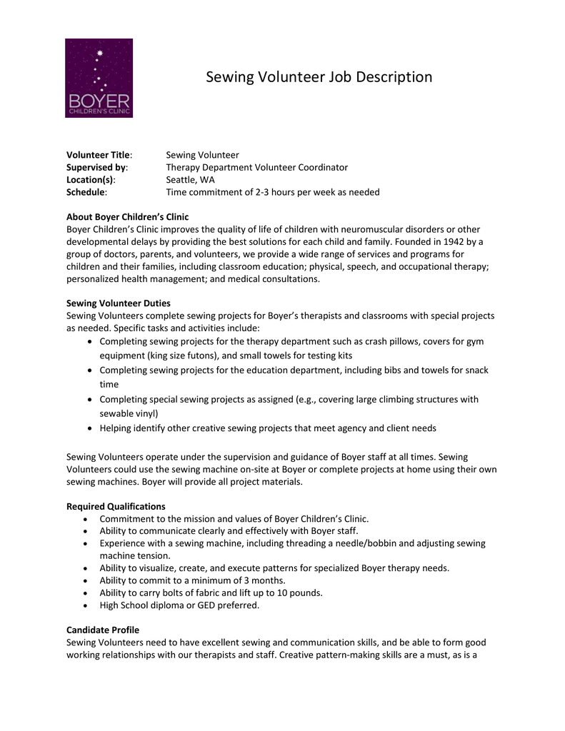 Sewing Volunteer Job Description 