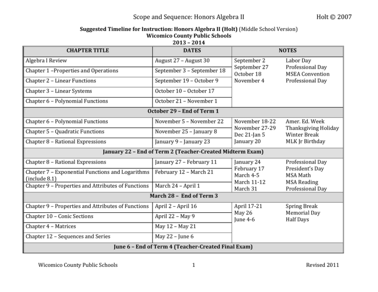 Algebra 2 Honors Grade 8 Algebra 2 Honors Grade 8