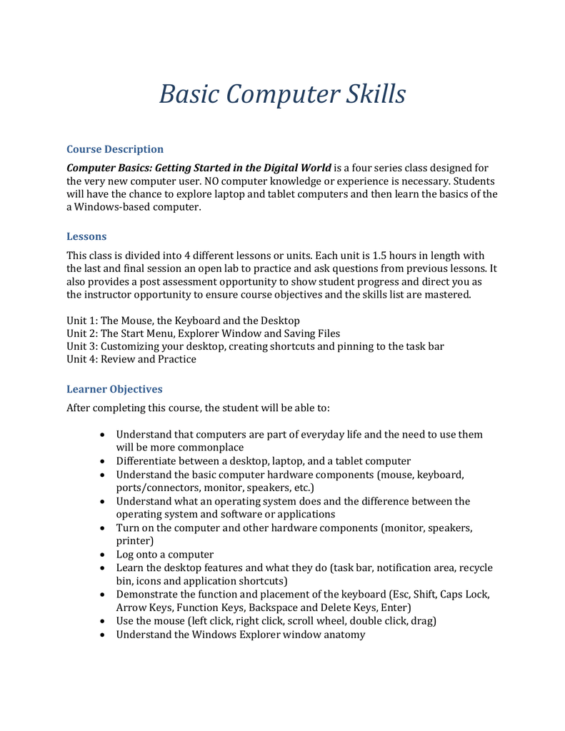Basic Computer Skills List Mryn Ism