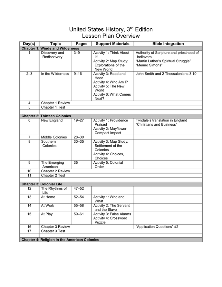 United States History 3rd Ed Lesson Plan Overview