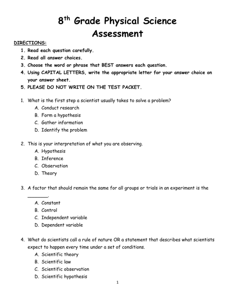 8 Th Grade Physical Science Assessment