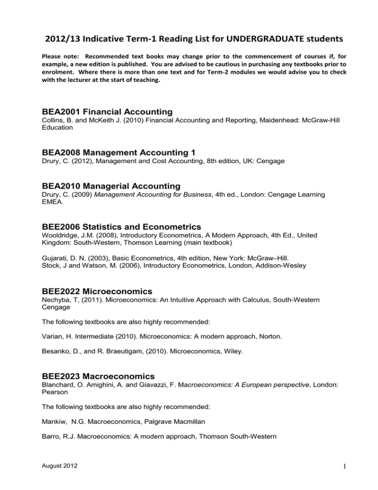 2012 13 Indicative Term 1 Reading List For UNDERGRADUATE 2012 13 Indicative Term 1 Reading List For UNDERGRADUATE