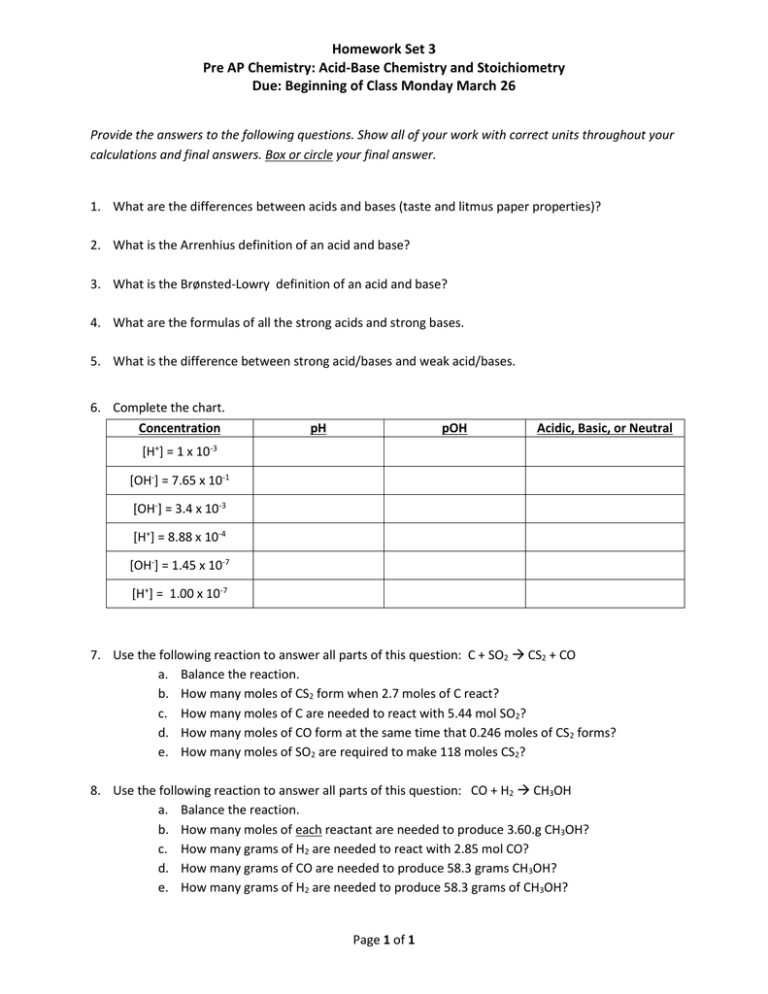 Homework Set 3 Pre AP Chemistry Acid Homework Set 3 Pre AP Chemistry Acid