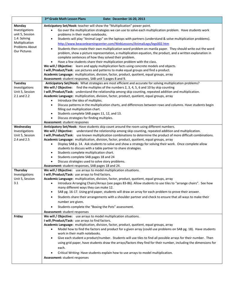 3rd Grade Math Lesson Plans Date December 16