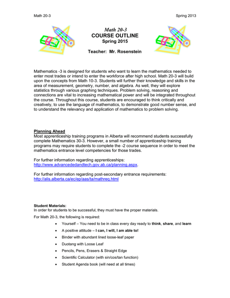Outline Math 20 3 Spring 2015