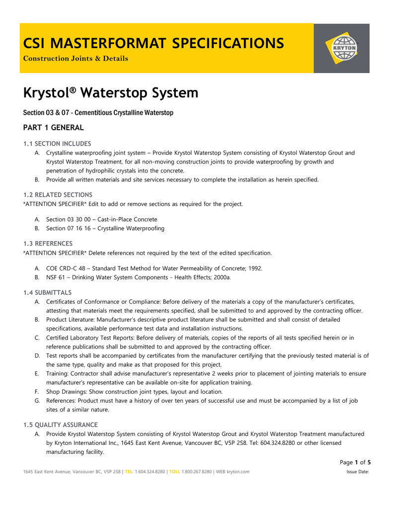 CSI MasterFormat Specification 07 03 Cementitious