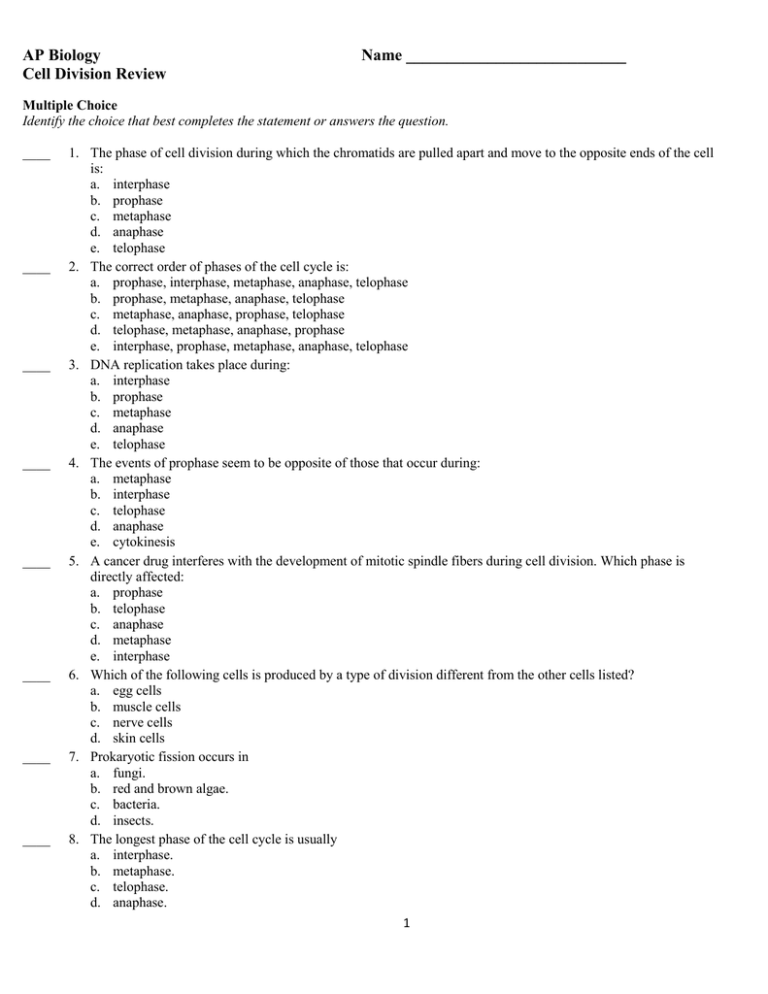 Cell Division Review Cell Division Review