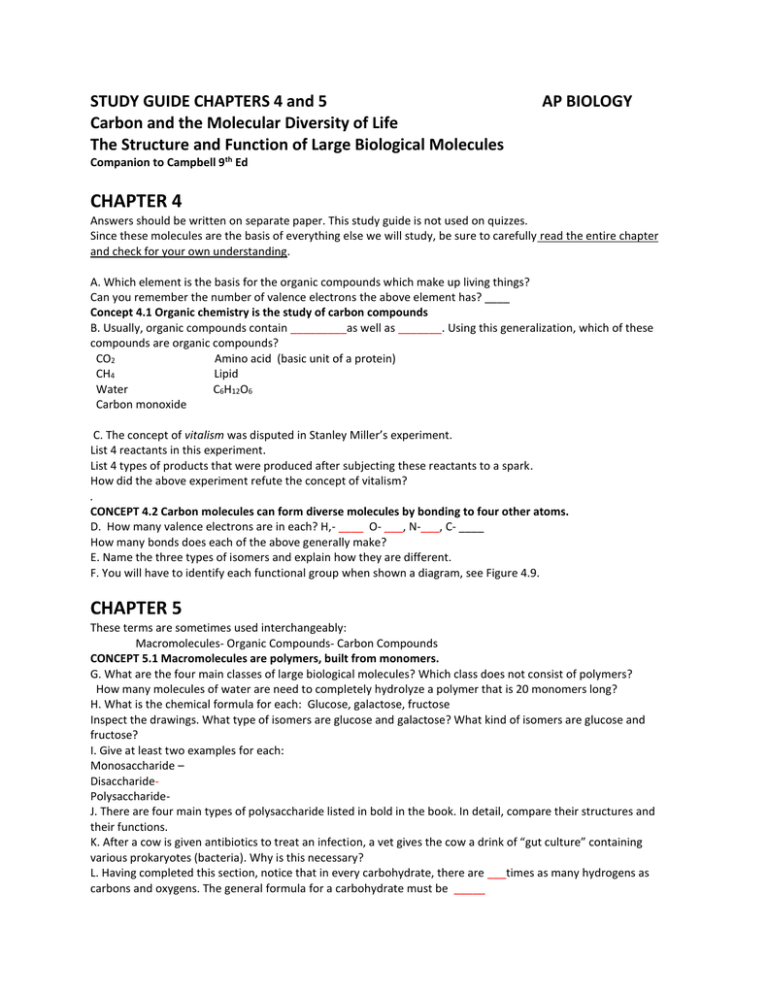 STUDY GUIDE CHAPTERS 4 And 5 AP BIOLOGY