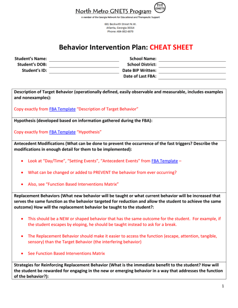 Behavior Intervention Plan SHEET