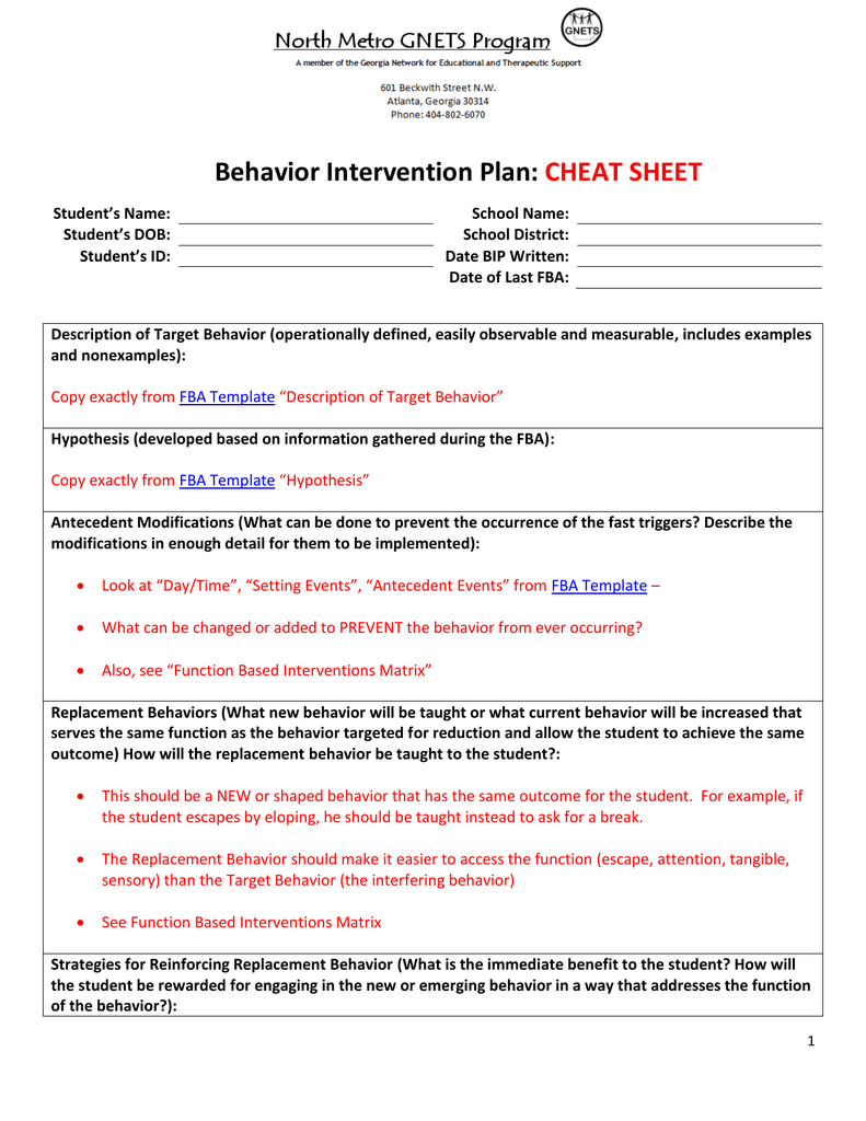 Behavior Intervention Plan SHEET