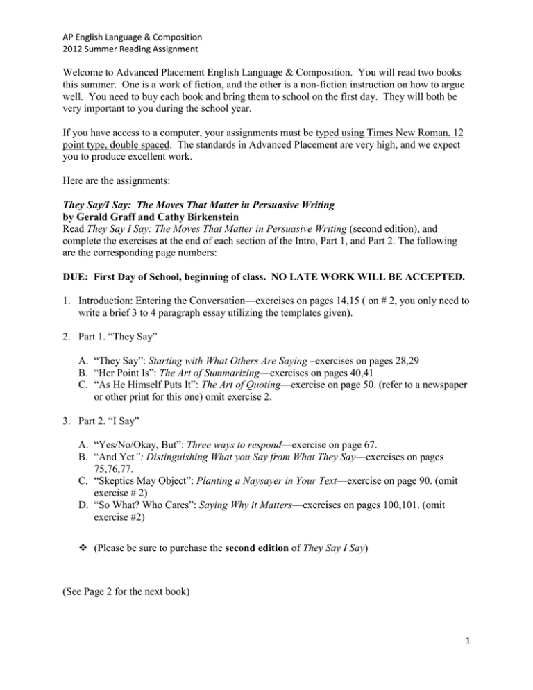 AP English Language Composition 2012 Summer Reading