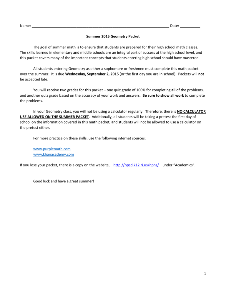 Geometry Summer Packet 2015
