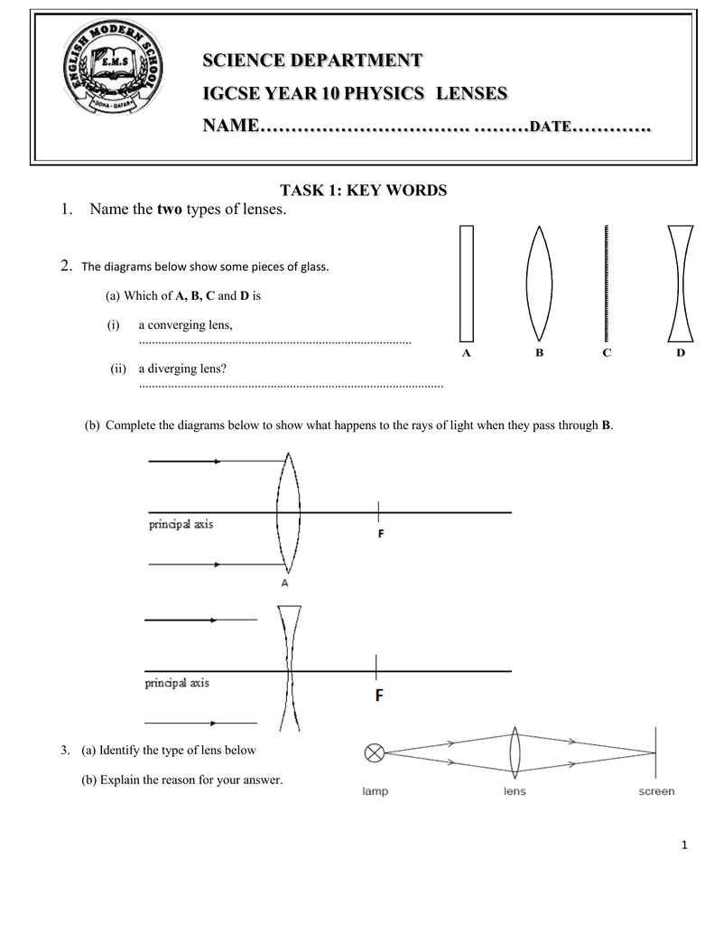 Lenses Worksheet EMS Secondary Department Lenses Worksheet EMS Secondary Department