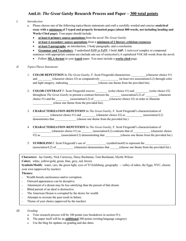 The Great Gatsby Research Paper 2014 The Great Gatsby Research Paper 2014