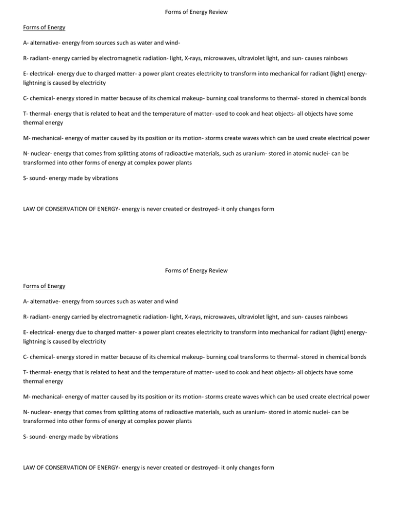 Forms Of Energy Review Forms Of Energy A Alternative