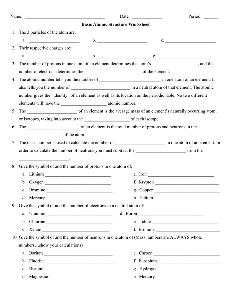 Basic Atomic Structure Worksheet Answer Key Atoms And Atomic 