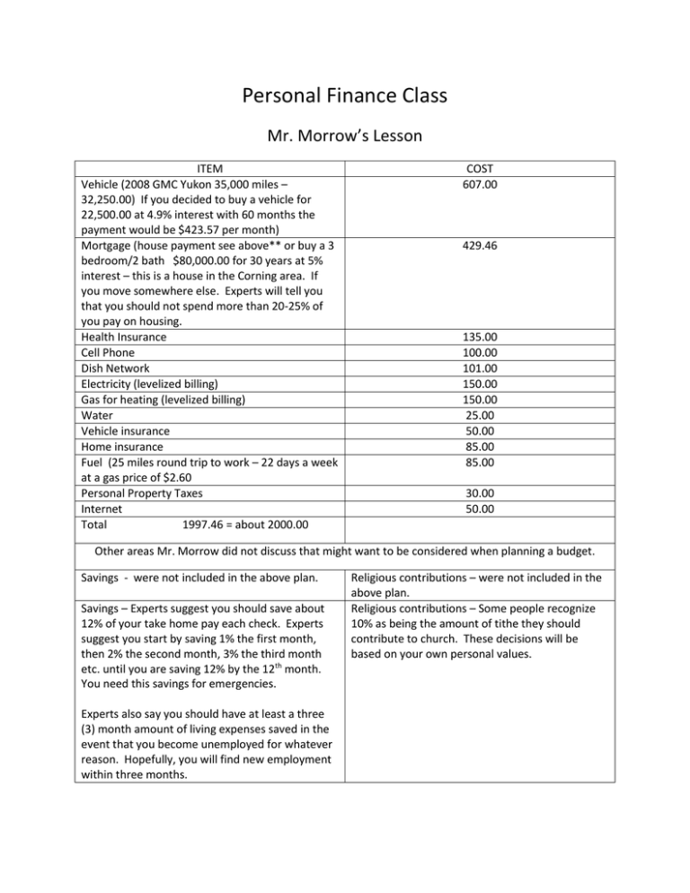 Personal Finance Class Pambrowncorninghighschool Personal Finance Class Pambrowncorninghighschool