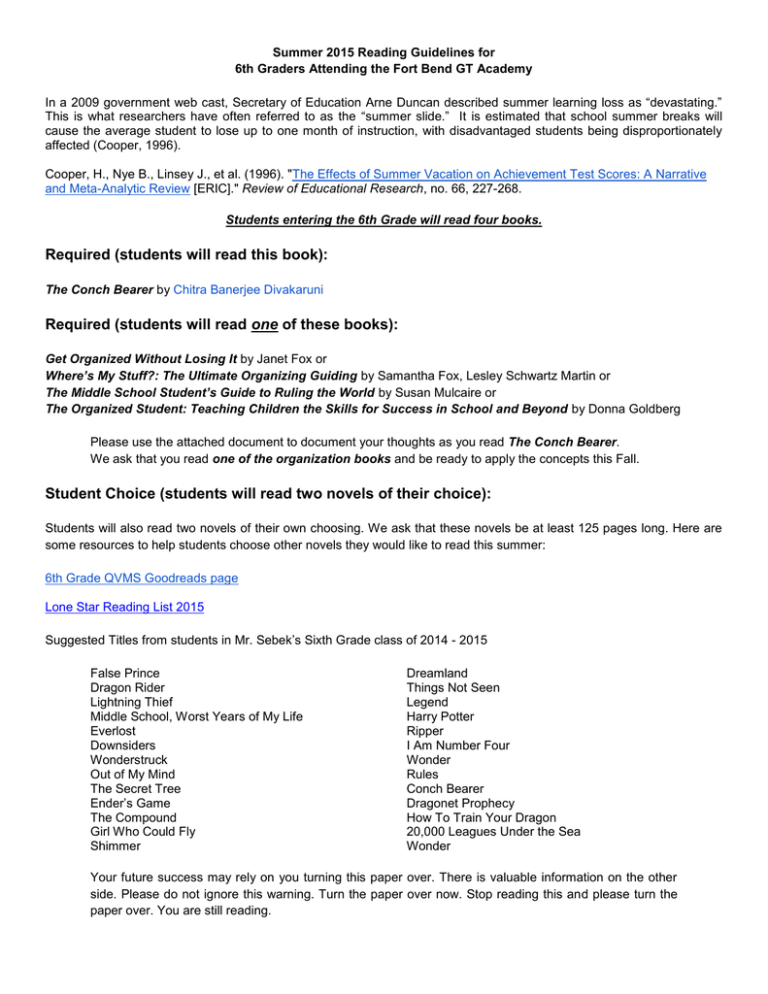 Summer Reading Overview For Incoming 6th Graders
