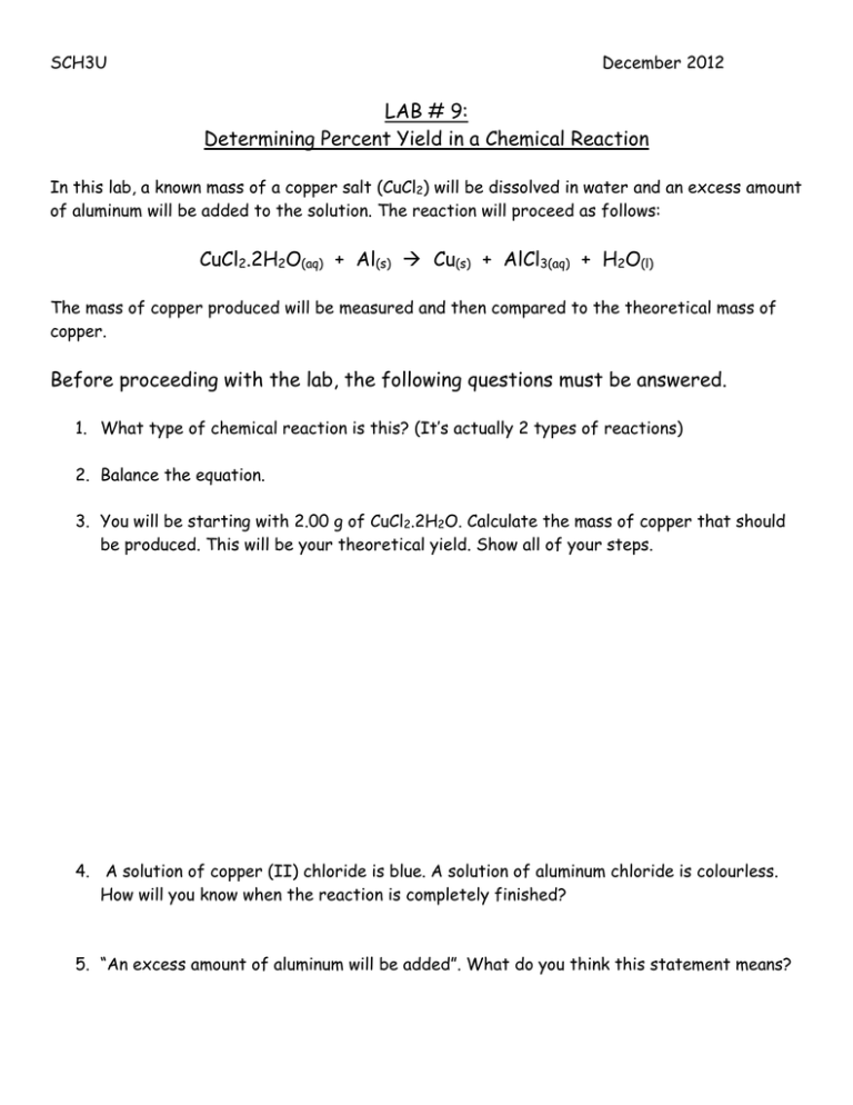 Determining Percent Yield In A Chemical Reaction