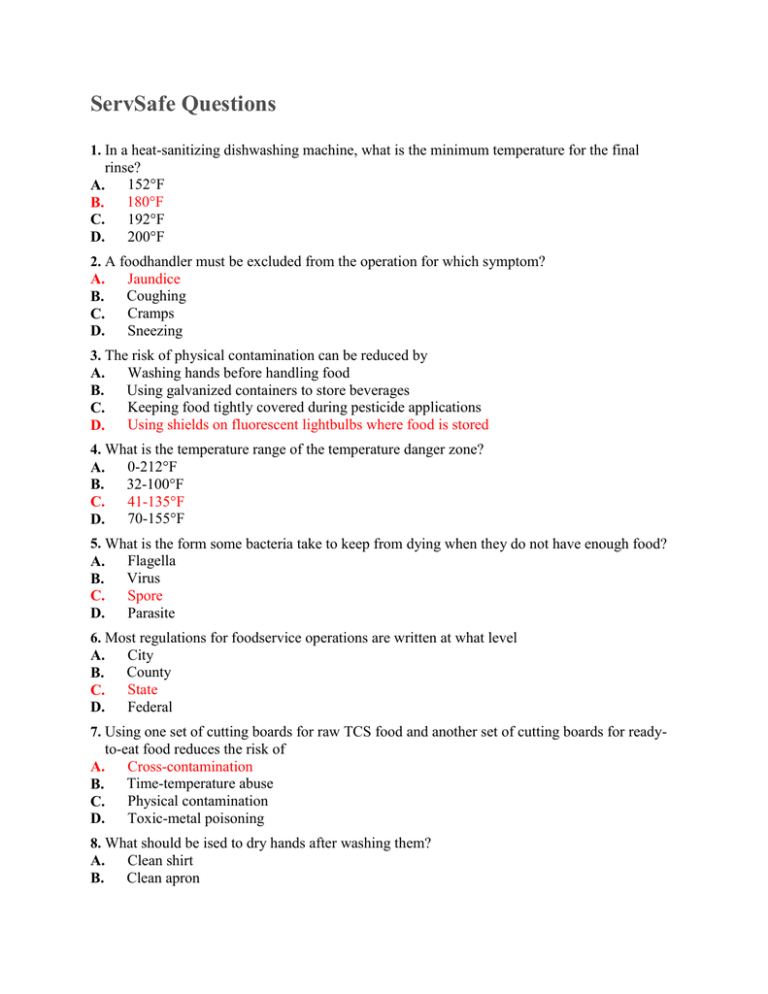 Servsafe Manager Practice Test Printable