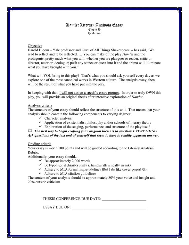 Hamlet Literary Analysis Essay Hamlet Literary Analysis Essay