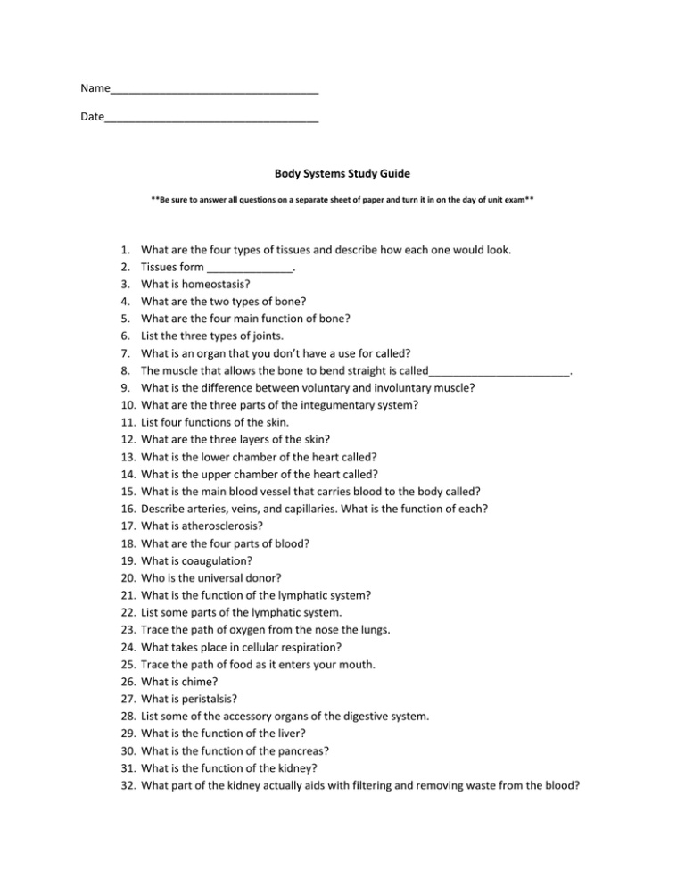 Body Systems Study Guide