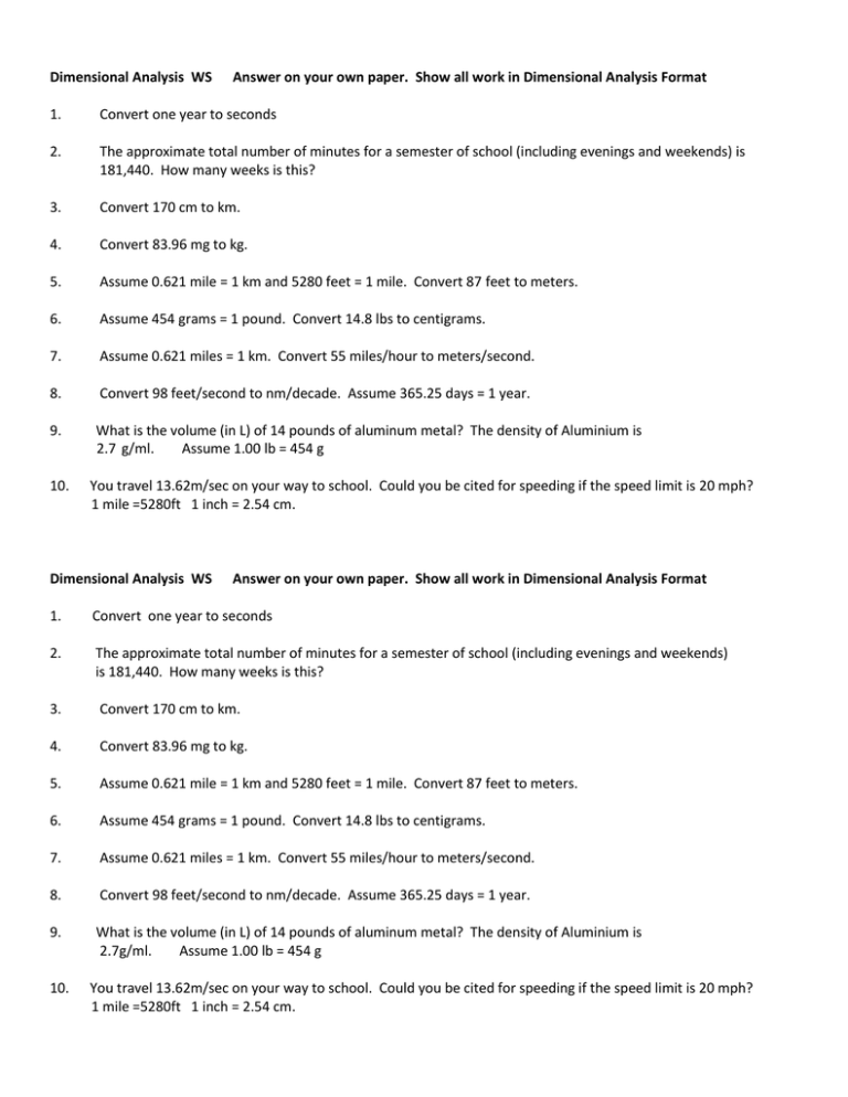 Dimensional Analysis WS